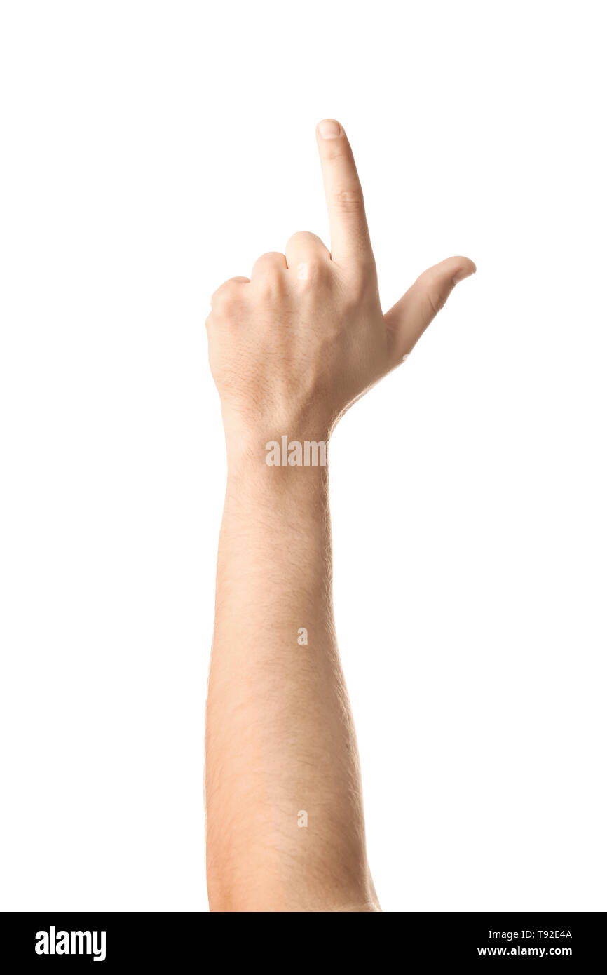 Male hand pointing at something on white background Stock Photo - Alamy