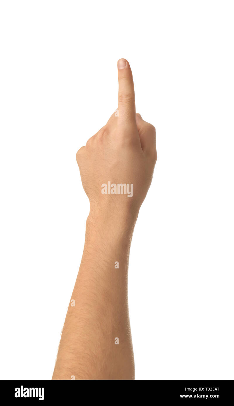 Male hand pointing at something on white background Stock Photo - Alamy