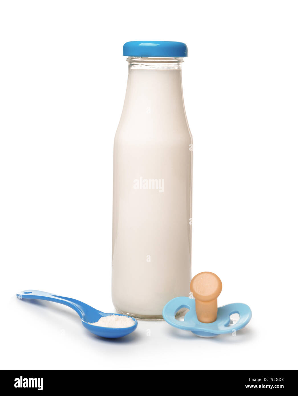 Bottle of milk with powder and pacifier on white background Stock Photo ...