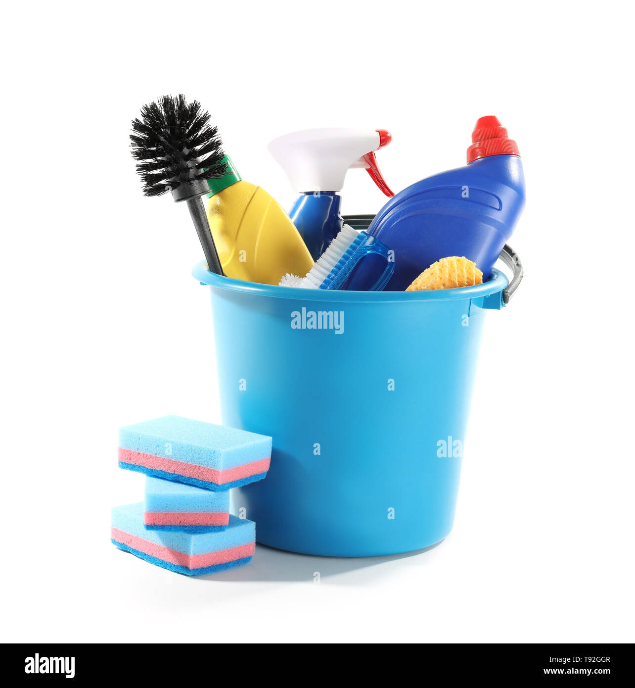 Bucket with cleaning supplies on white background Stock Photo - Alamy