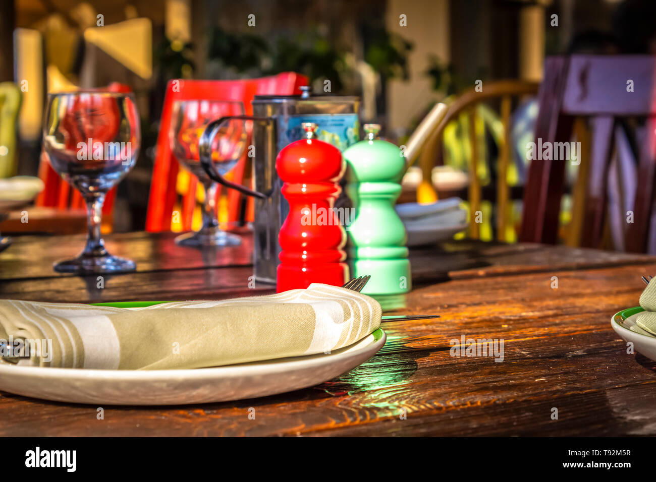 Table setting at an open-air restaurant close-up Stock Photo - Alamy