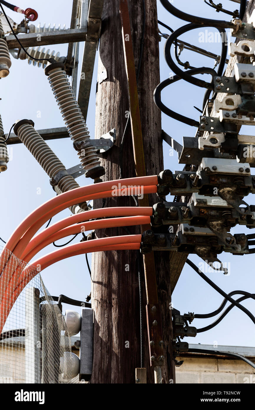 Detailed electricity transmission hub on summers day Stock Photo - Alamy