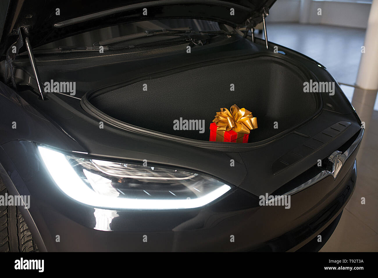 Perfect Gift in Front Trunk of Brand New Luxury Elecric Vehicle Stock ...