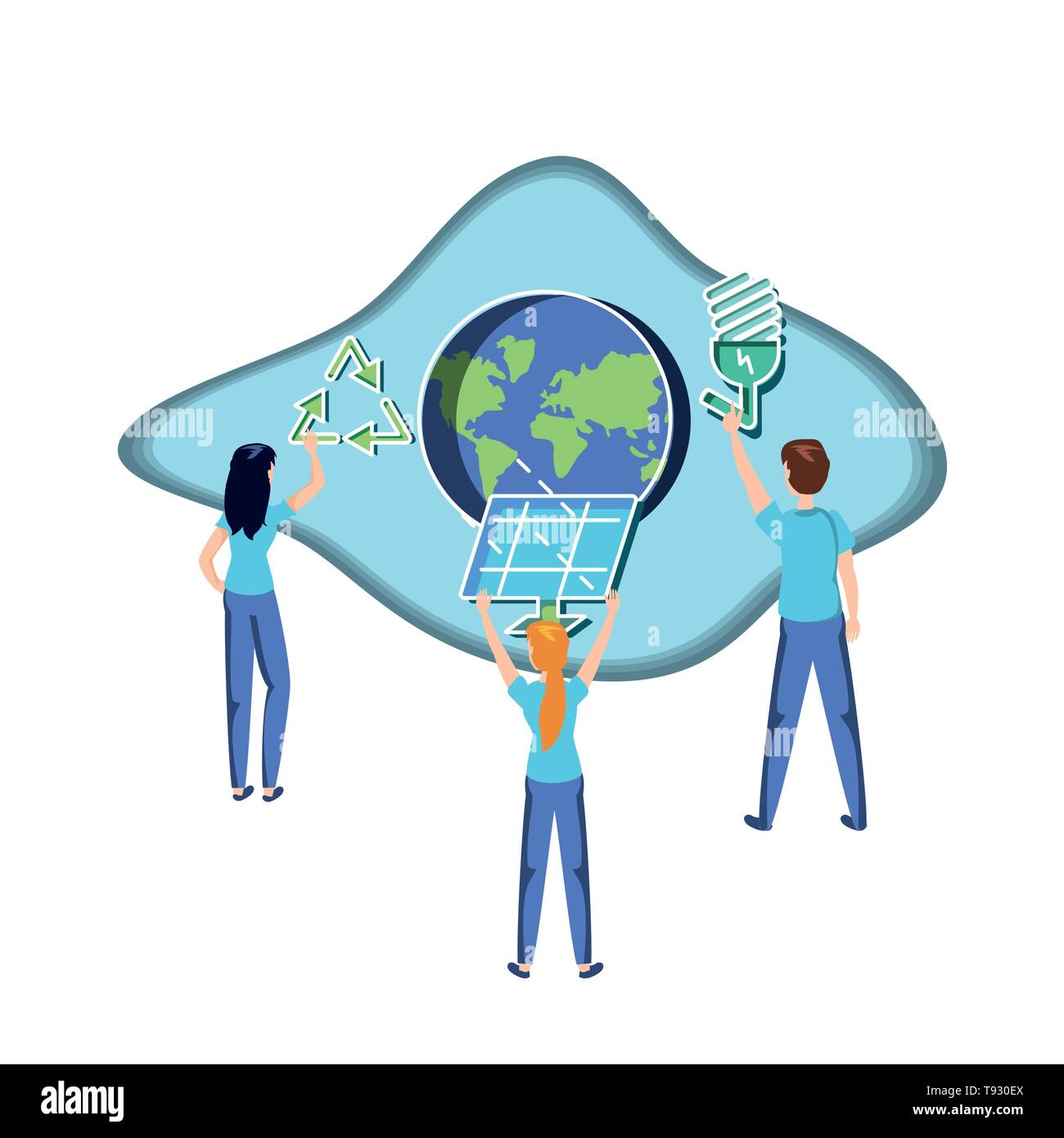 people with planet and panel solar in eco friendly vector illustration ...