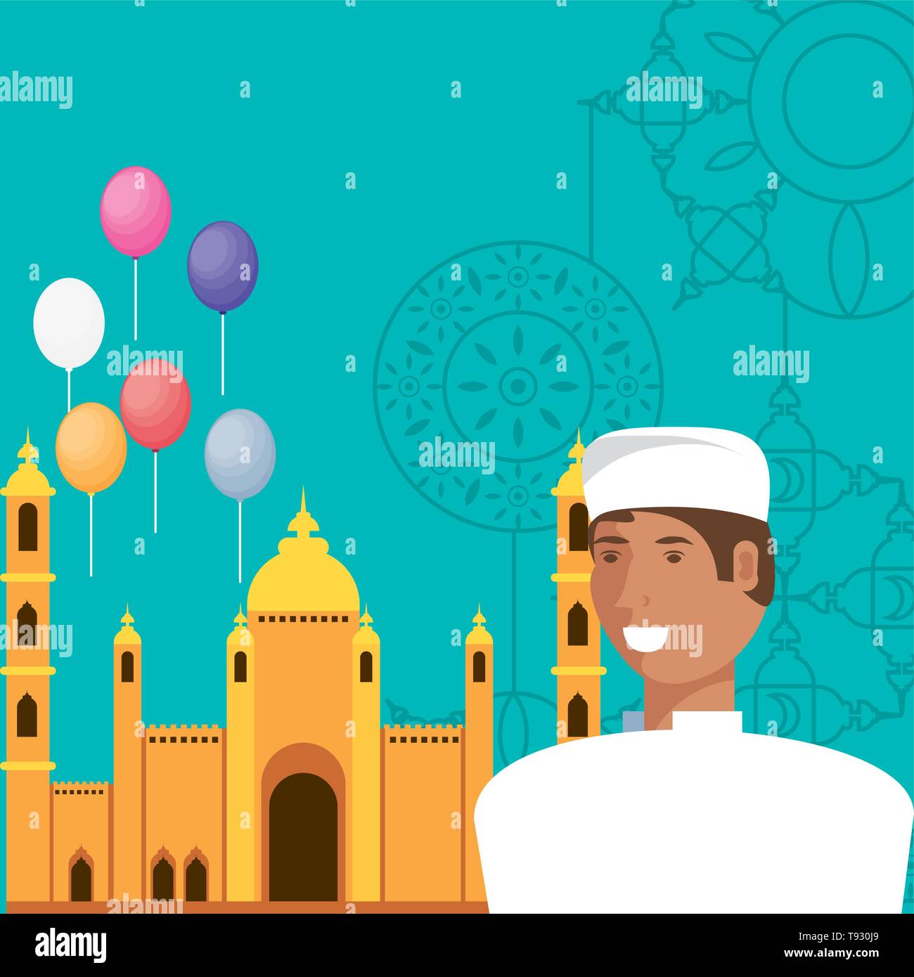 islamic man with ramadan kareem building vector illustration design ...