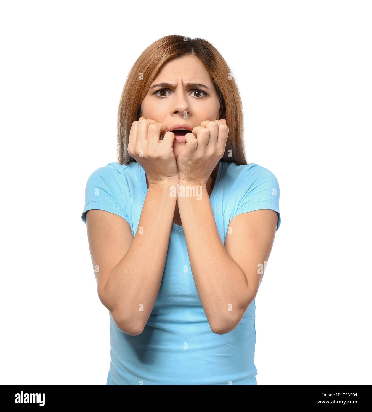 Woman having panic attack on white background Stock Photo - Alamy