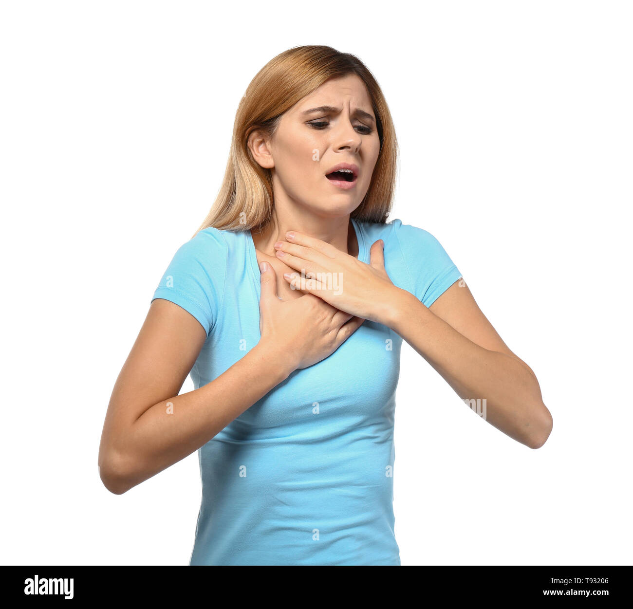 Woman having panic attack on white background Stock Photo - Alamy