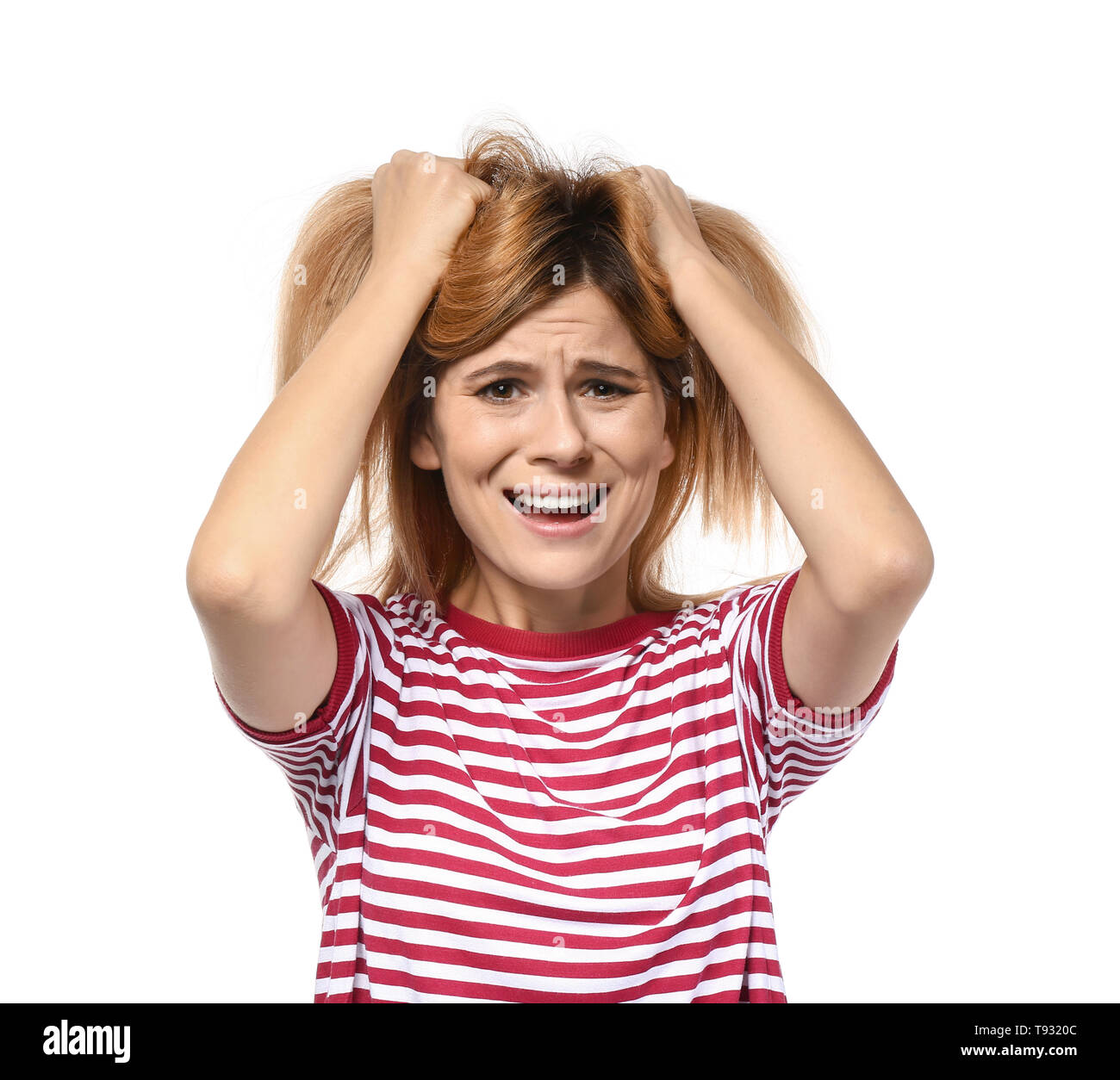 Woman having panic attack on white background Stock Photo - Alamy