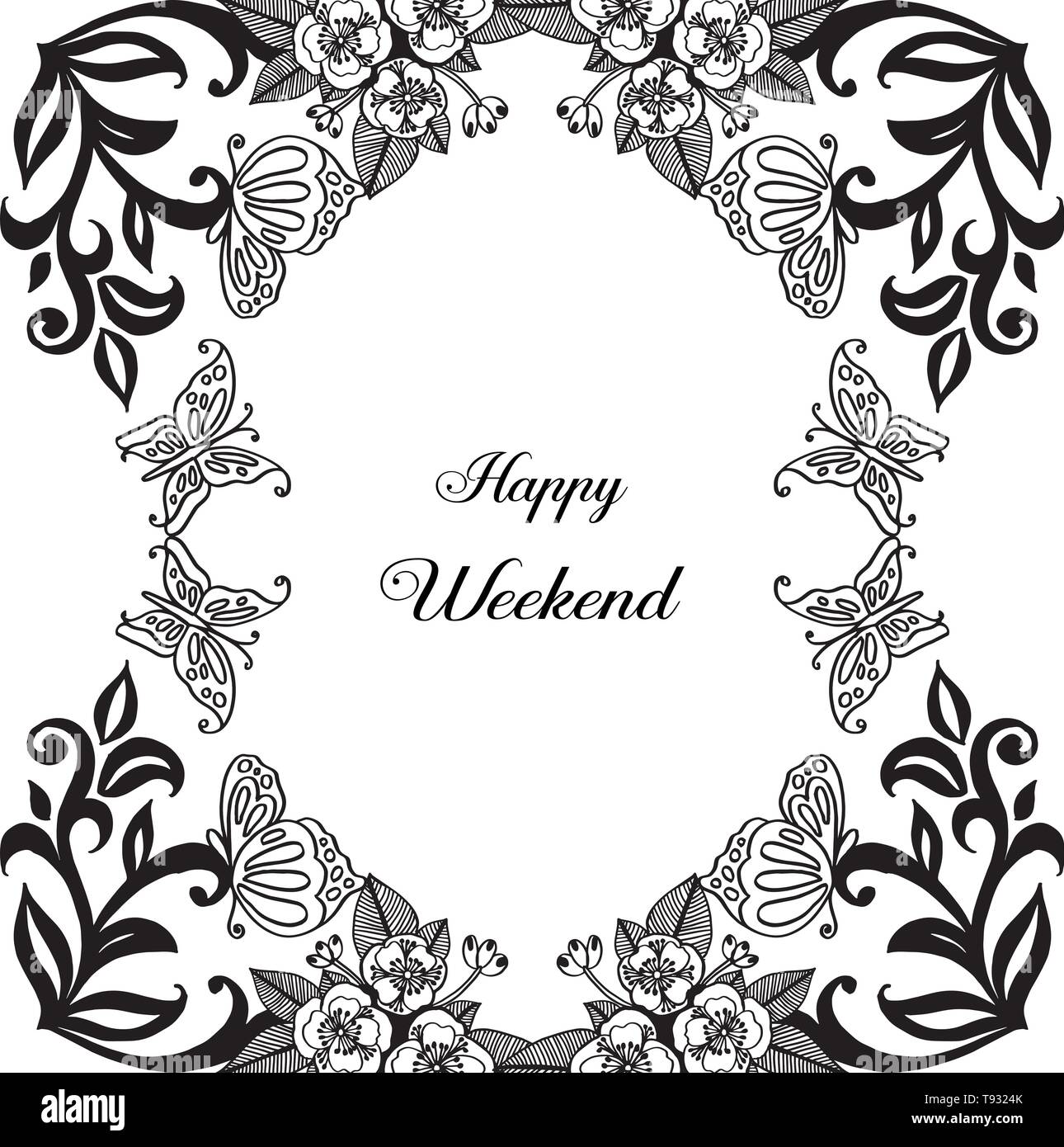 Vector illustration lettering happy weekend with design flower frame ...