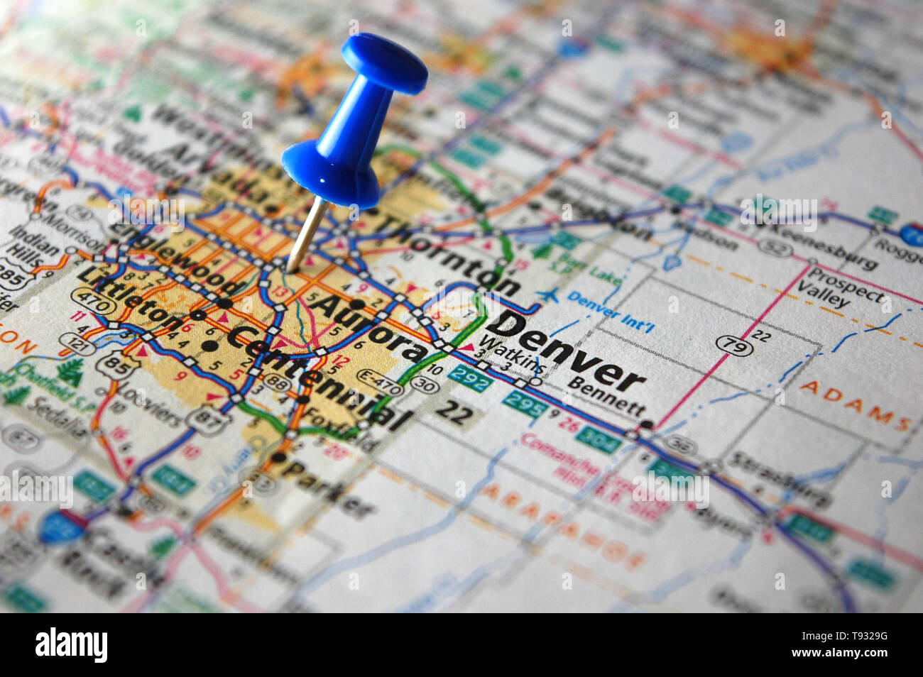 A map of Denver, Colorado marked with a push pin Stock Photo - Alamy