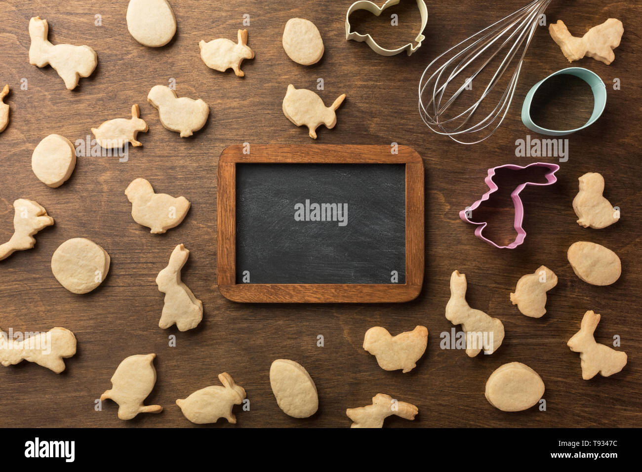 Easter gingerbread cookies. Eggs and rabbits. Top view, with copy space ...