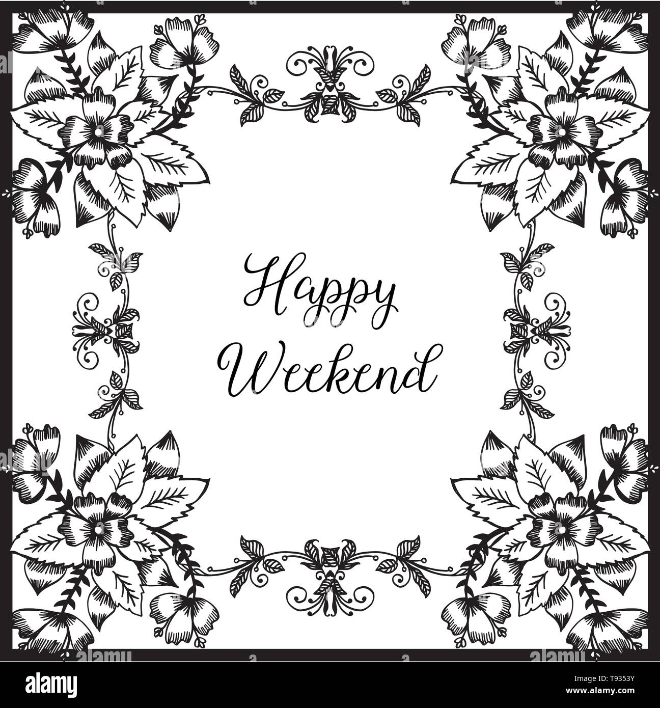 Vector illustration banner happy weekend with elegant flower frame hand ...