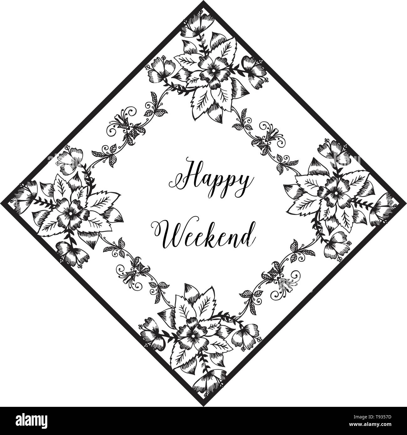 Vector illustration banner happy weekend with elegant flower frame hand ...