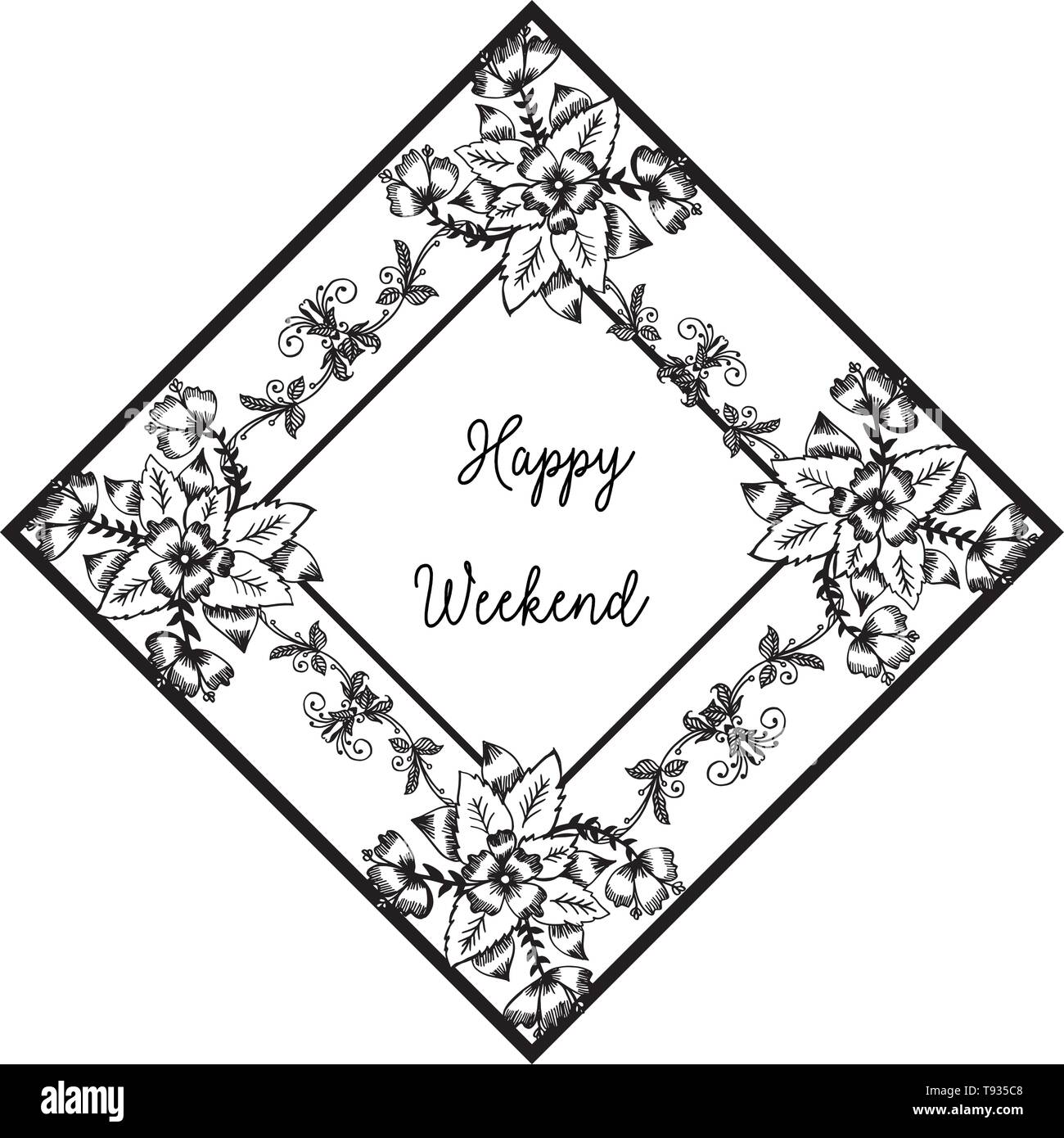 Vector illustration banner happy weekend with elegant flower frame hand ...
