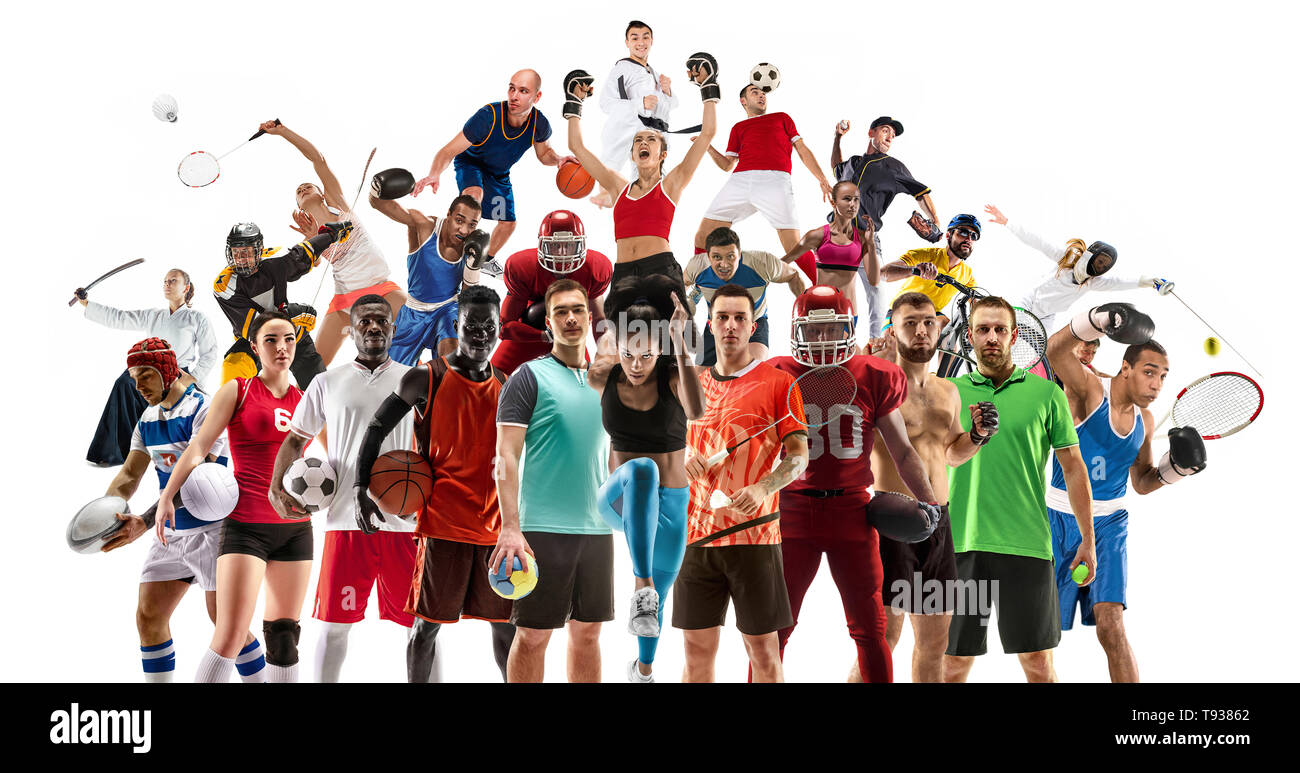 Sport collage. Tennis, running, badminton, soccer and american football ...