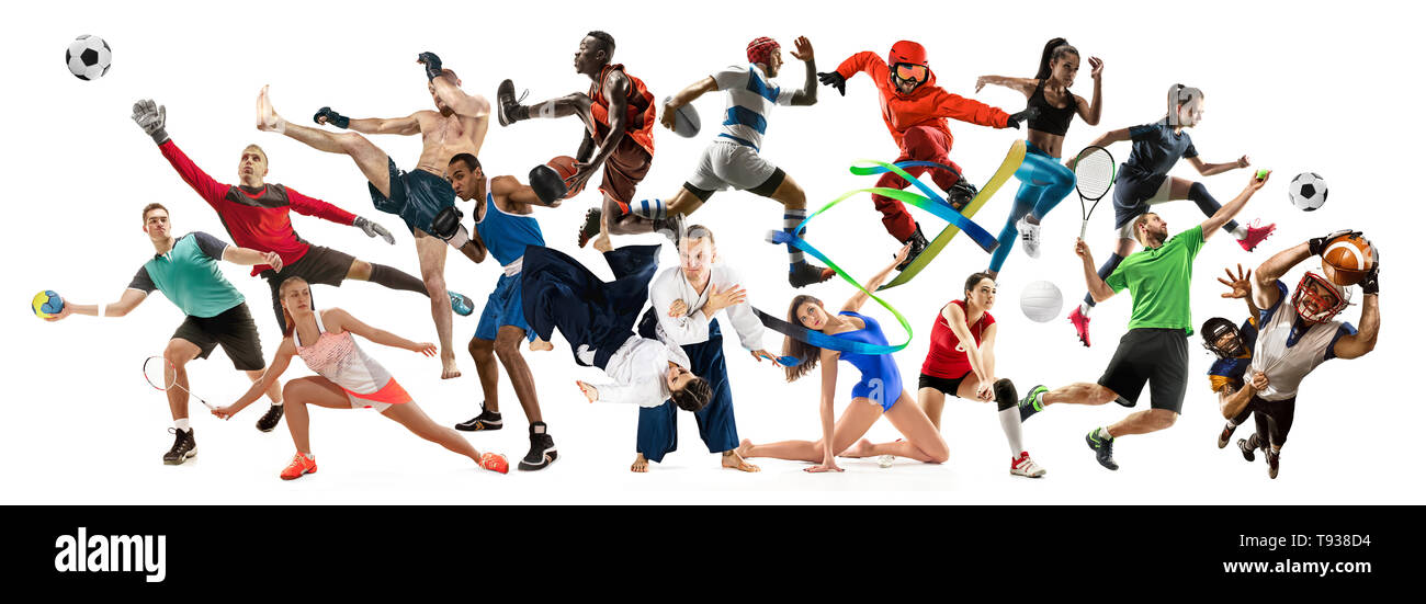 Sport collage. Tennis, running, badminton, soccer and american football ...