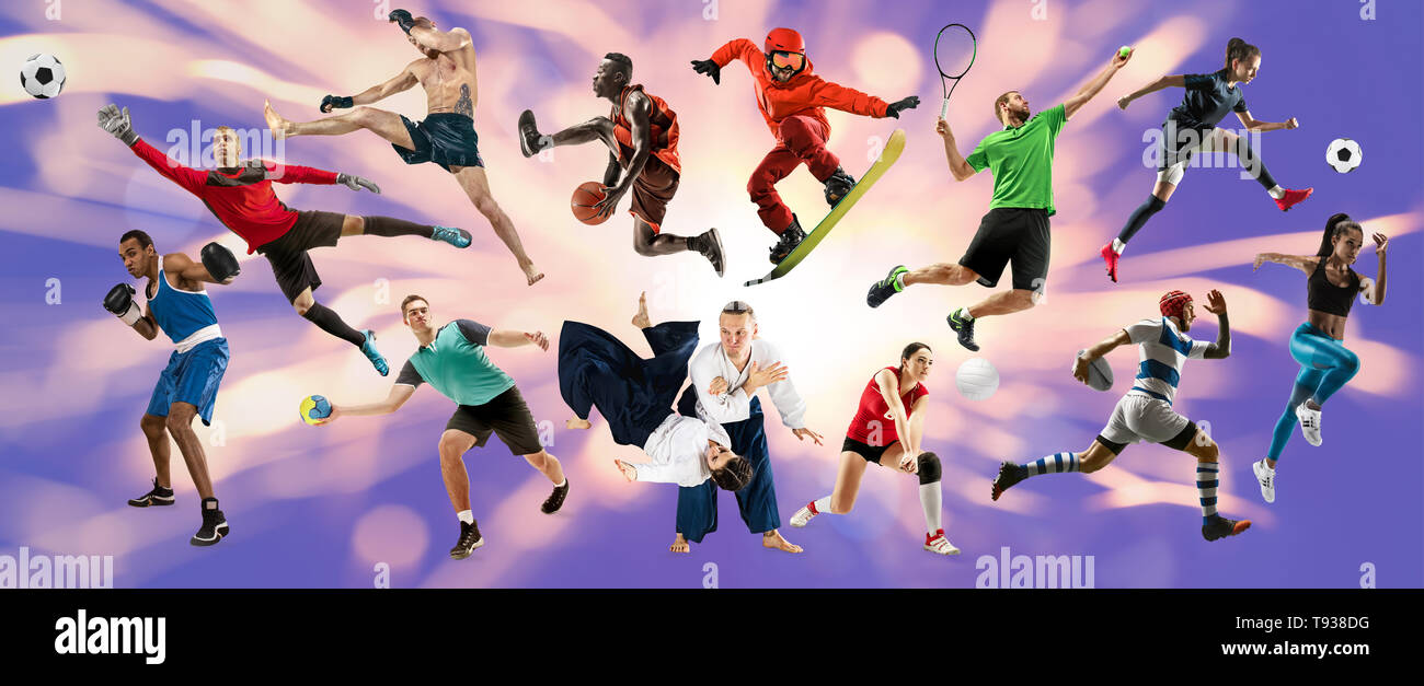 Sport collage. Tennis, running, badminton, soccer and american football ...