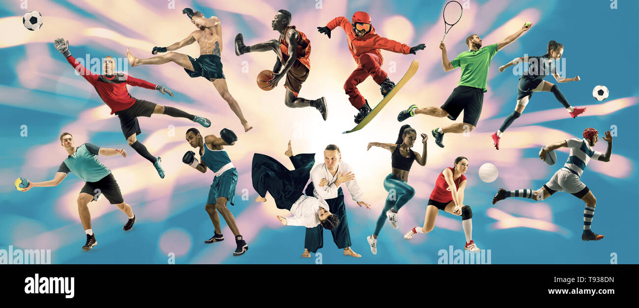 Sport collage. Tennis, running, badminton, soccer and american football ...