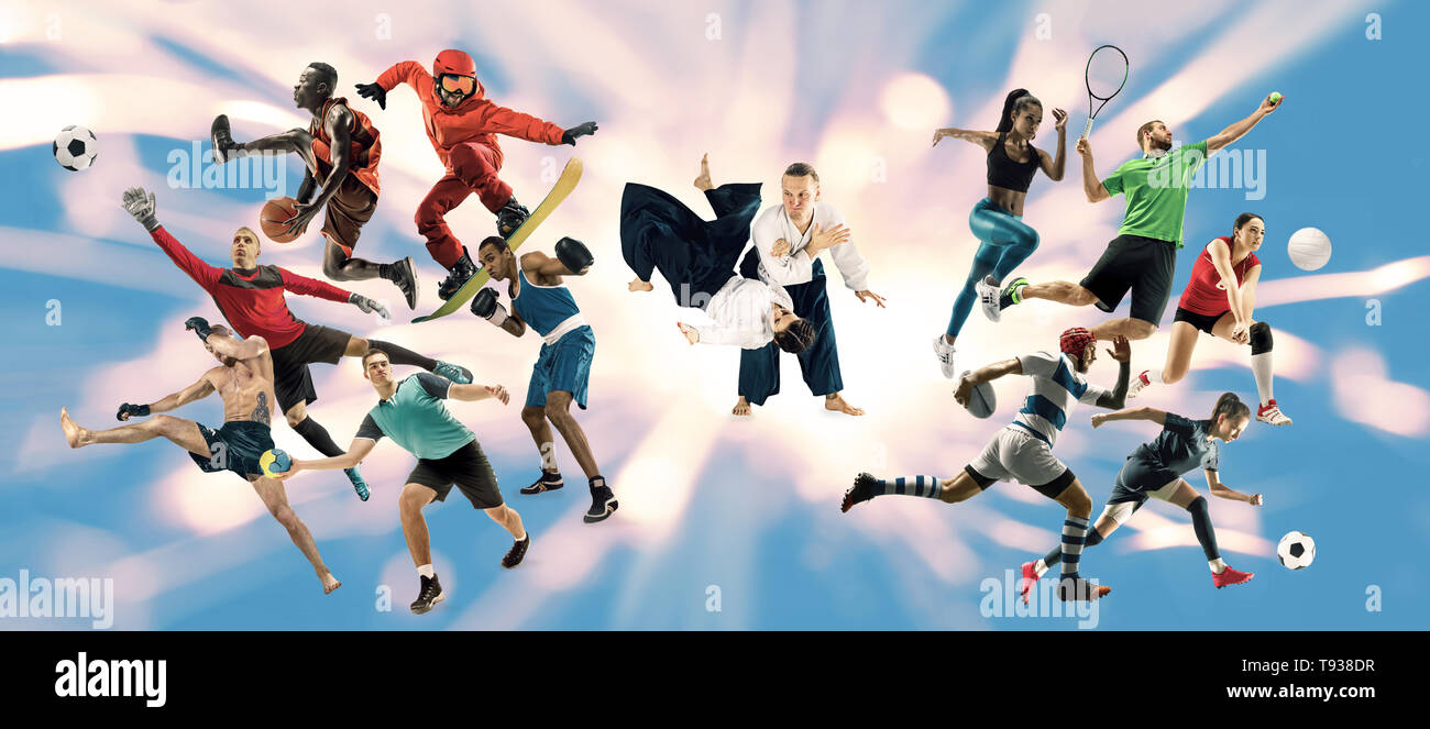 Sport collage. Tennis, running, badminton, soccer and american football ...