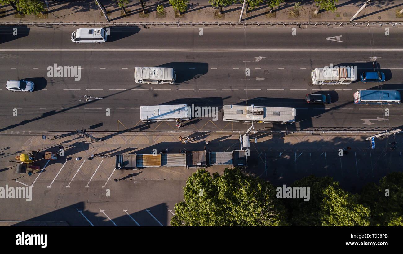 Aerial view of the vehicular intersection, traffic at peak hour with ...