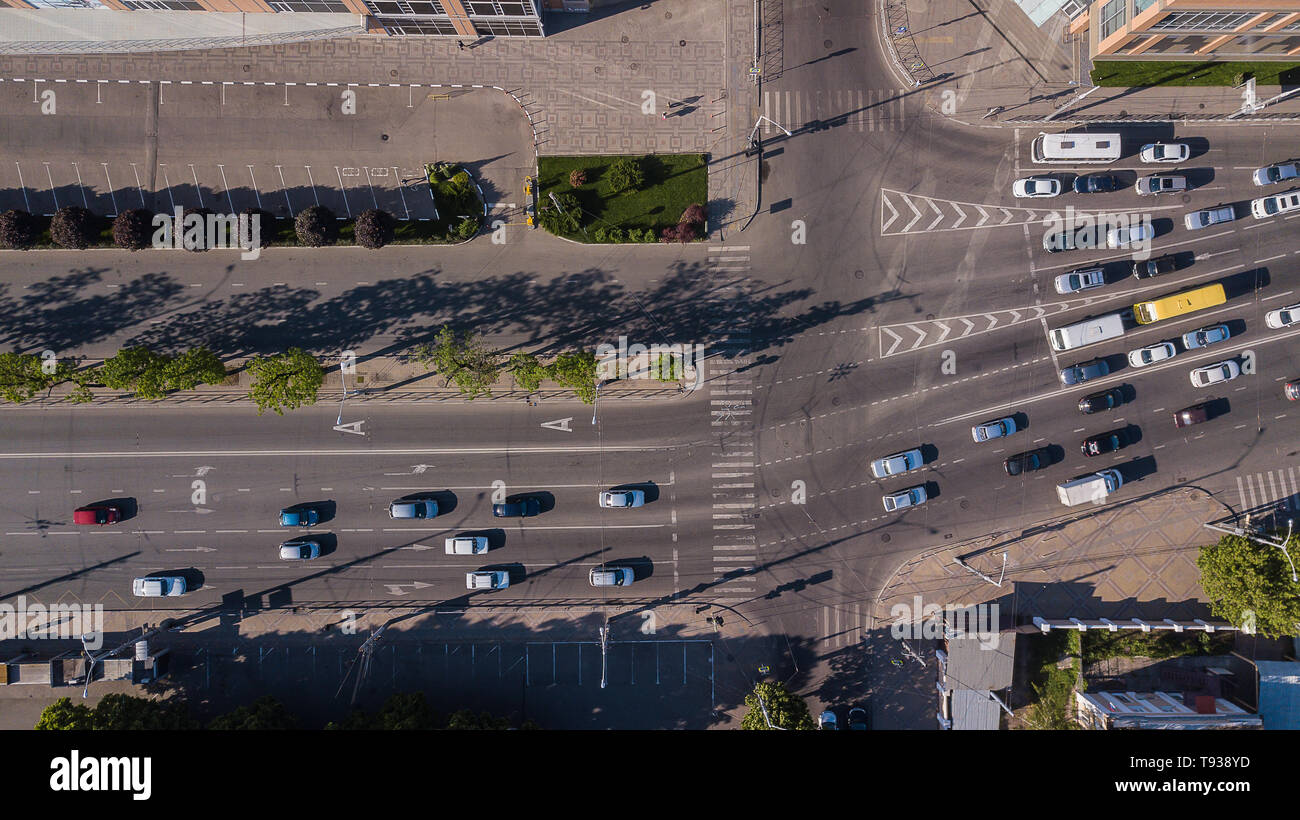 Aerial view of the vehicular intersection, traffic at peak hour with ...