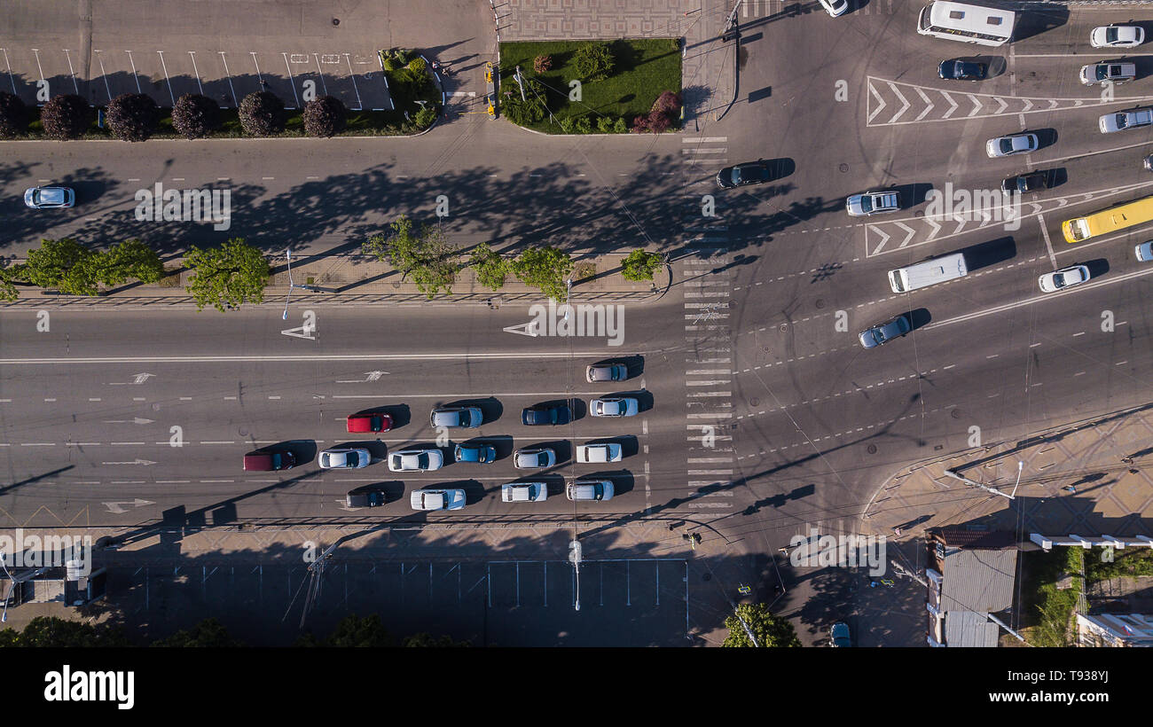 Aerial view of the vehicular intersection, traffic at peak hour with ...
