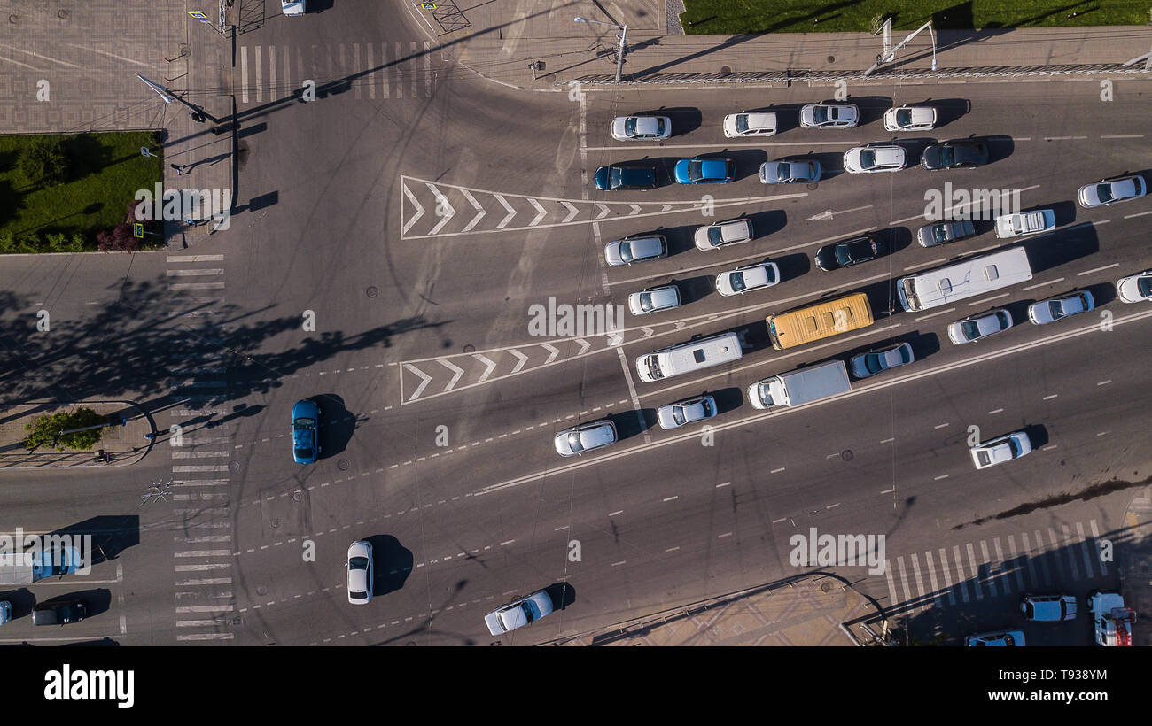 Aerial view of the vehicular intersection, traffic at peak hour with ...