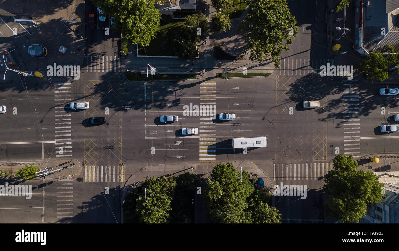 Aerial view of the vehicular intersection, traffic at peak hour with ...