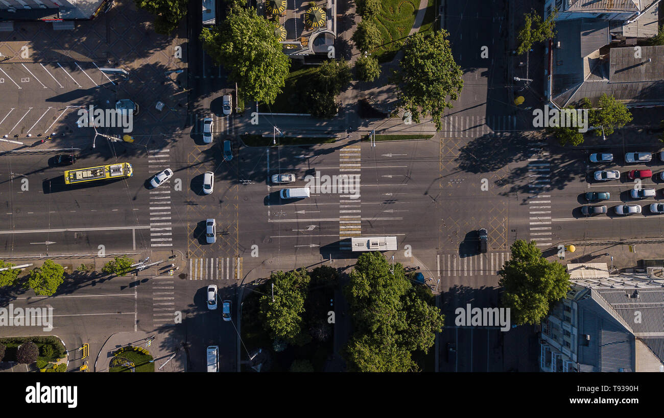 Top down View of freeway busy city traffic jam rush hour highway with ...