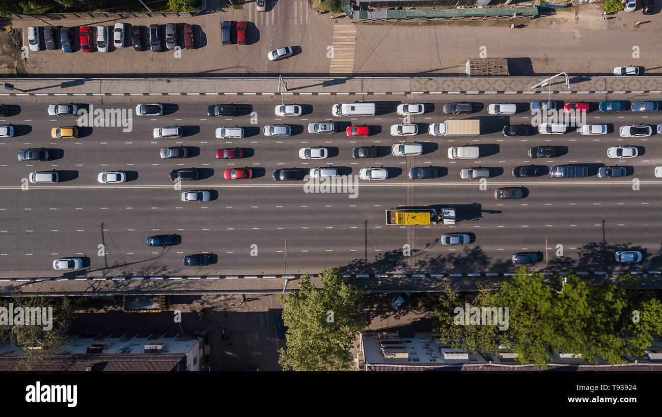 Top down aerial view of urban traffic jam rush hour highway Stock Photo ...