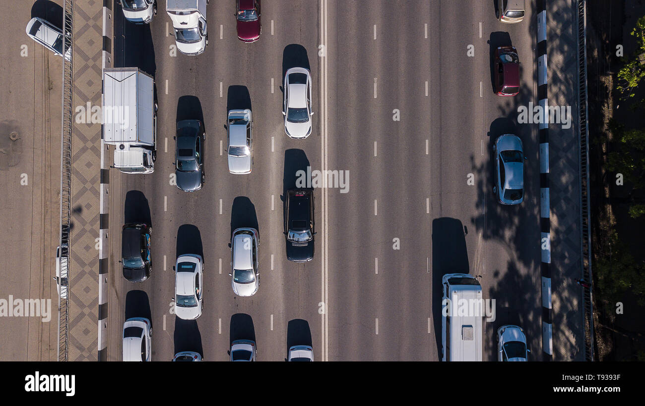 Top down aerial view of urban traffic jam rush hour highway Stock Photo ...