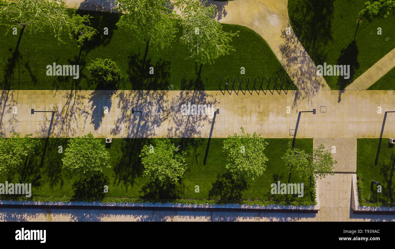 Vertical aerial top down view shot and looking down on the city park in ...