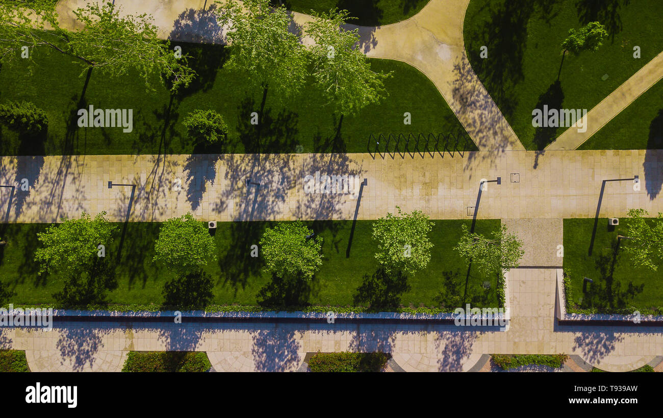 Vertical aerial top down view shot and looking down on the city park in ...