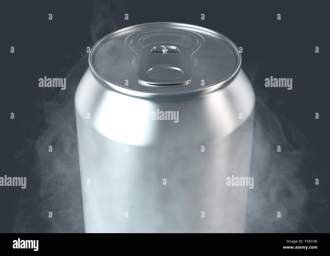 An unbranded freezing cold aluminum tin can with cold vapor an isolated ...