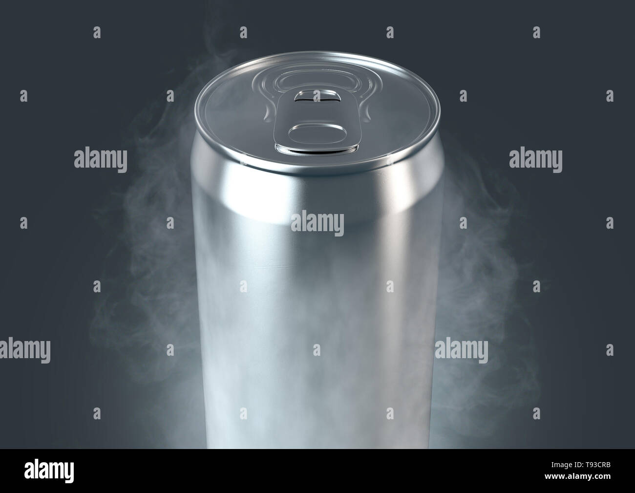 An unbranded freezing cold aluminum tin can with cold vapor an isolated ...