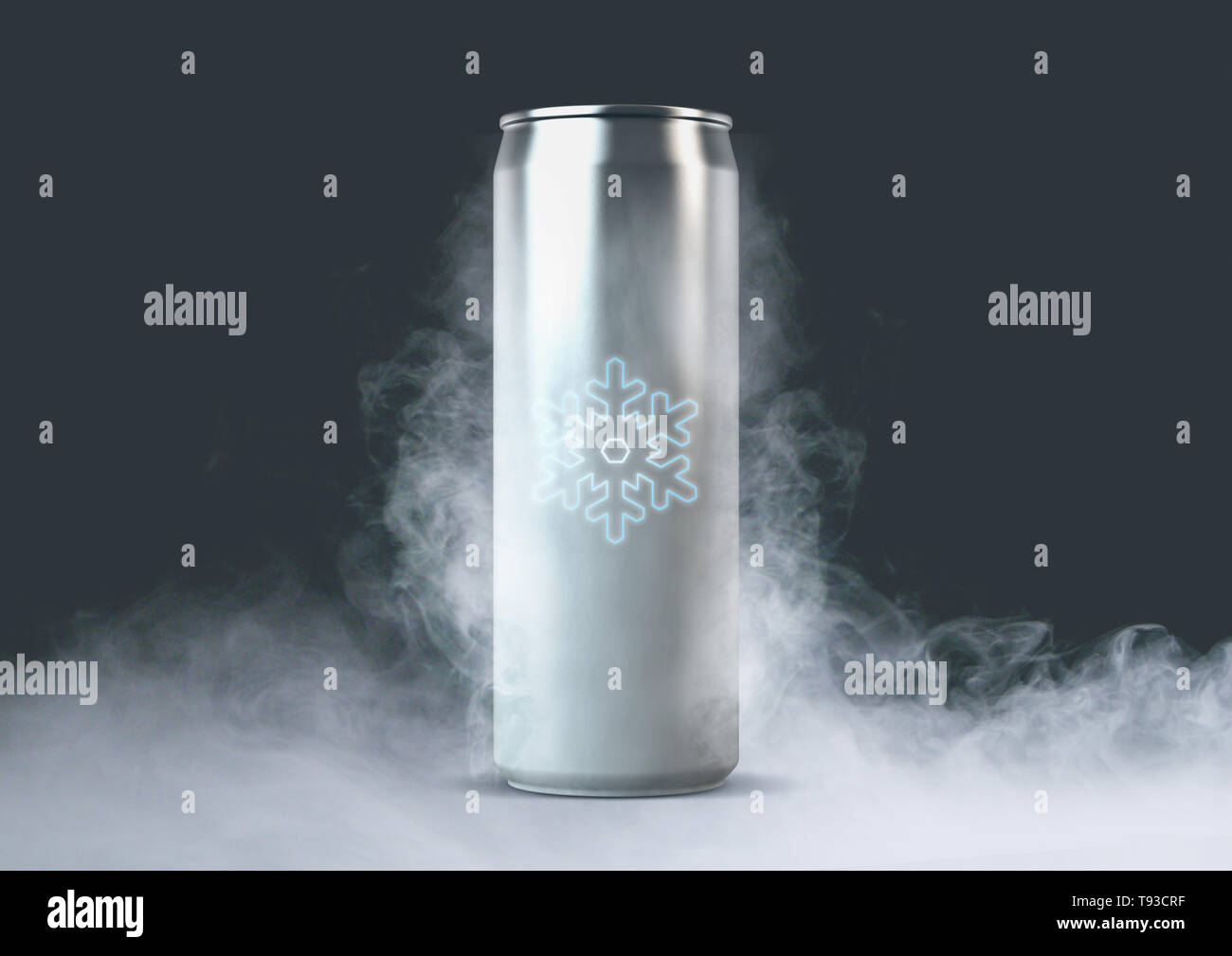 An unbranded freezing cold aluminum tin can with cold vapor and a ...