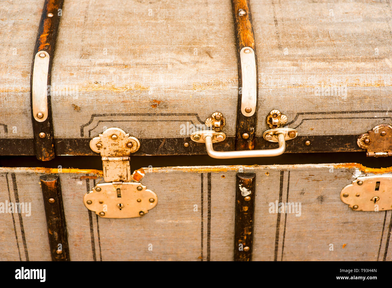 Big old wooden chests covered with lids. Medieval reconstruction Stock ...