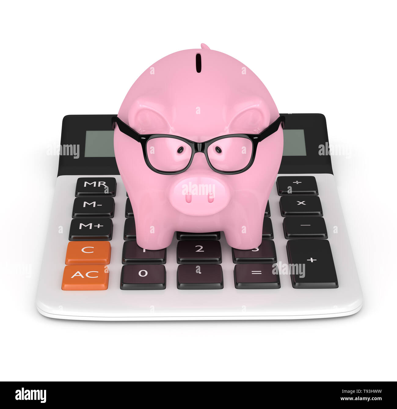 3d render of pink piggy bank with calculator isolated over white ...