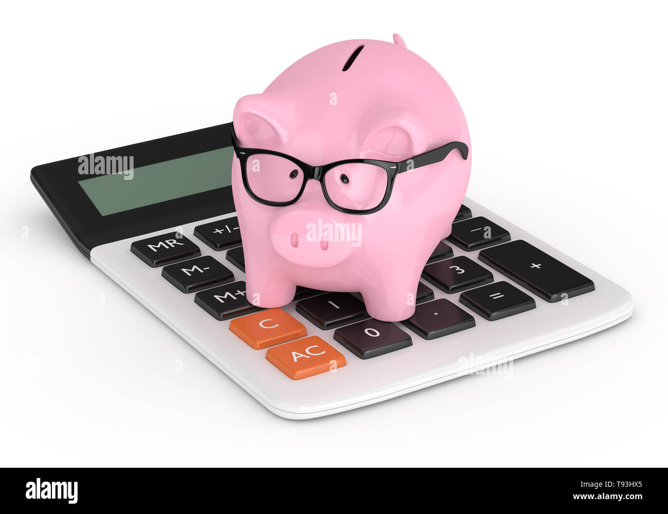 3d render of pink piggy bank with calculator isolated over white ...