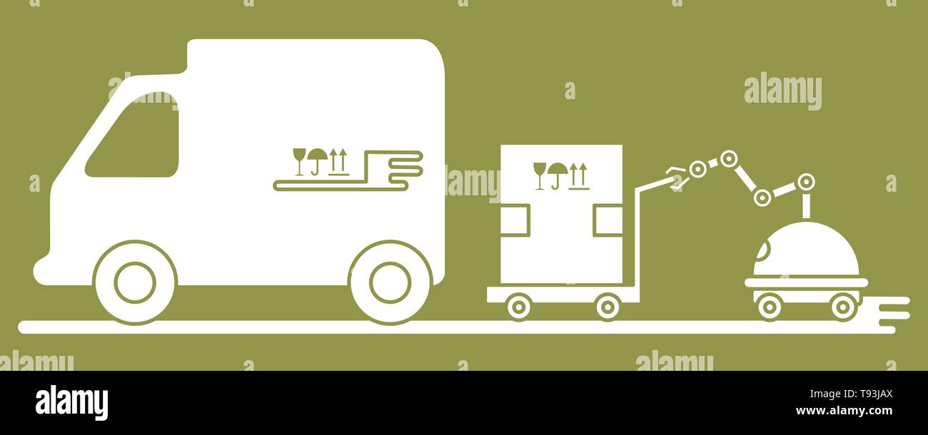 Vector illustration with robot loader loads boxes into a truck ...