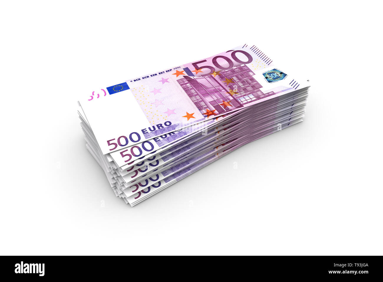 3d rendering, stack of five hundred euro banknotes, top view, isolated ...