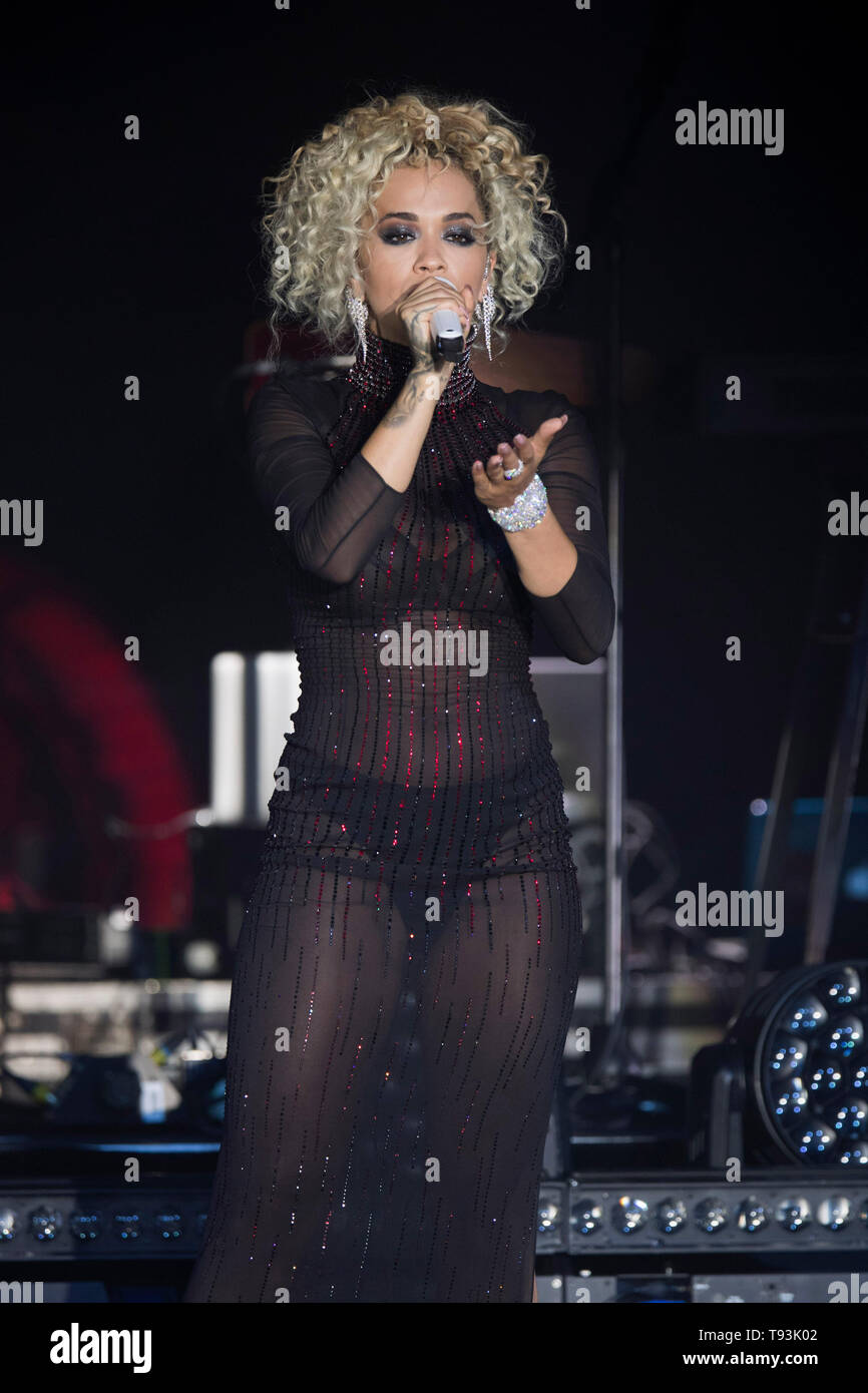 Singer Rita Ora on stage during a concert at the Sporting Summer ...
