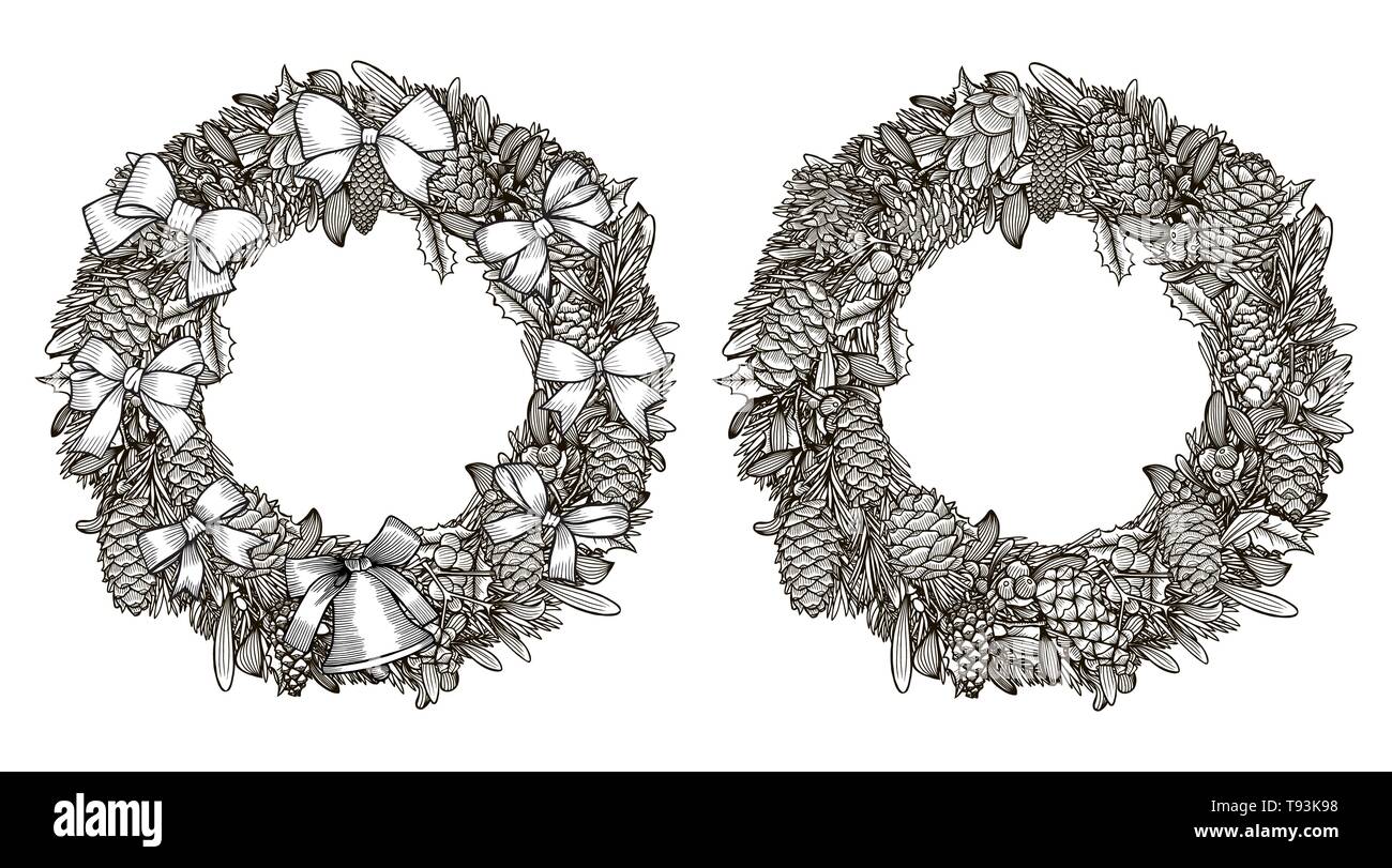 Two Christmas wreaths and bow. Vector illustration Stock Vector Image ...