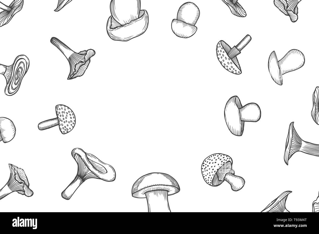 Hand drawn Farmers market menu design template. Mushrooms top view ...