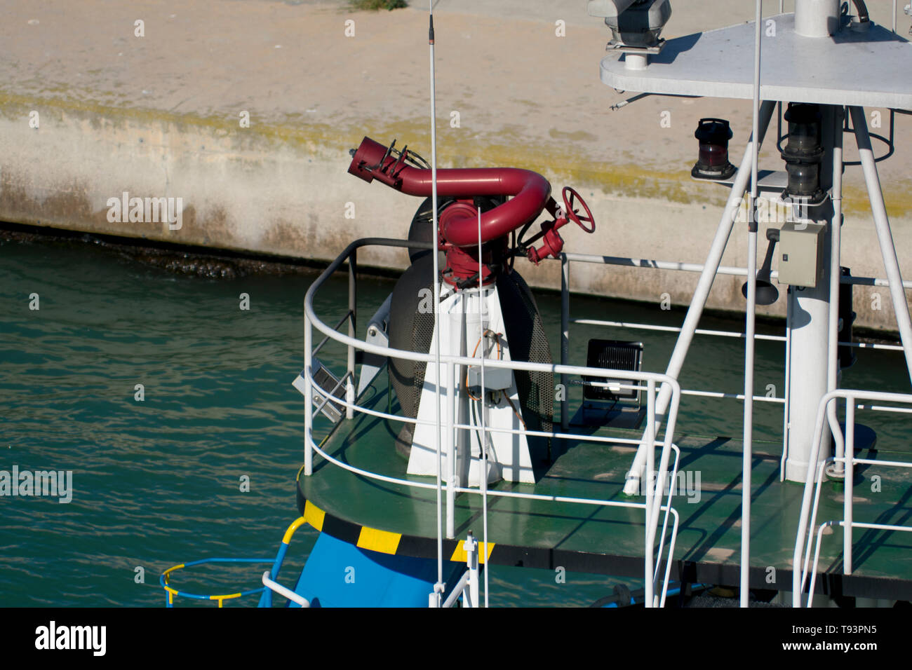 Water cannon of the tugboat Cala Gullo from the port of Barcelona Stock ...