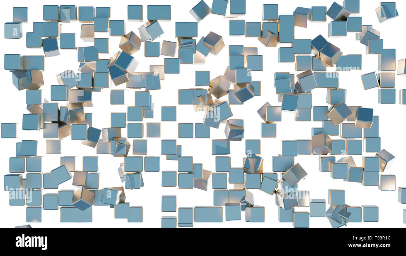 Mess in a grid of lots of golden and blue cubes with a white background ...