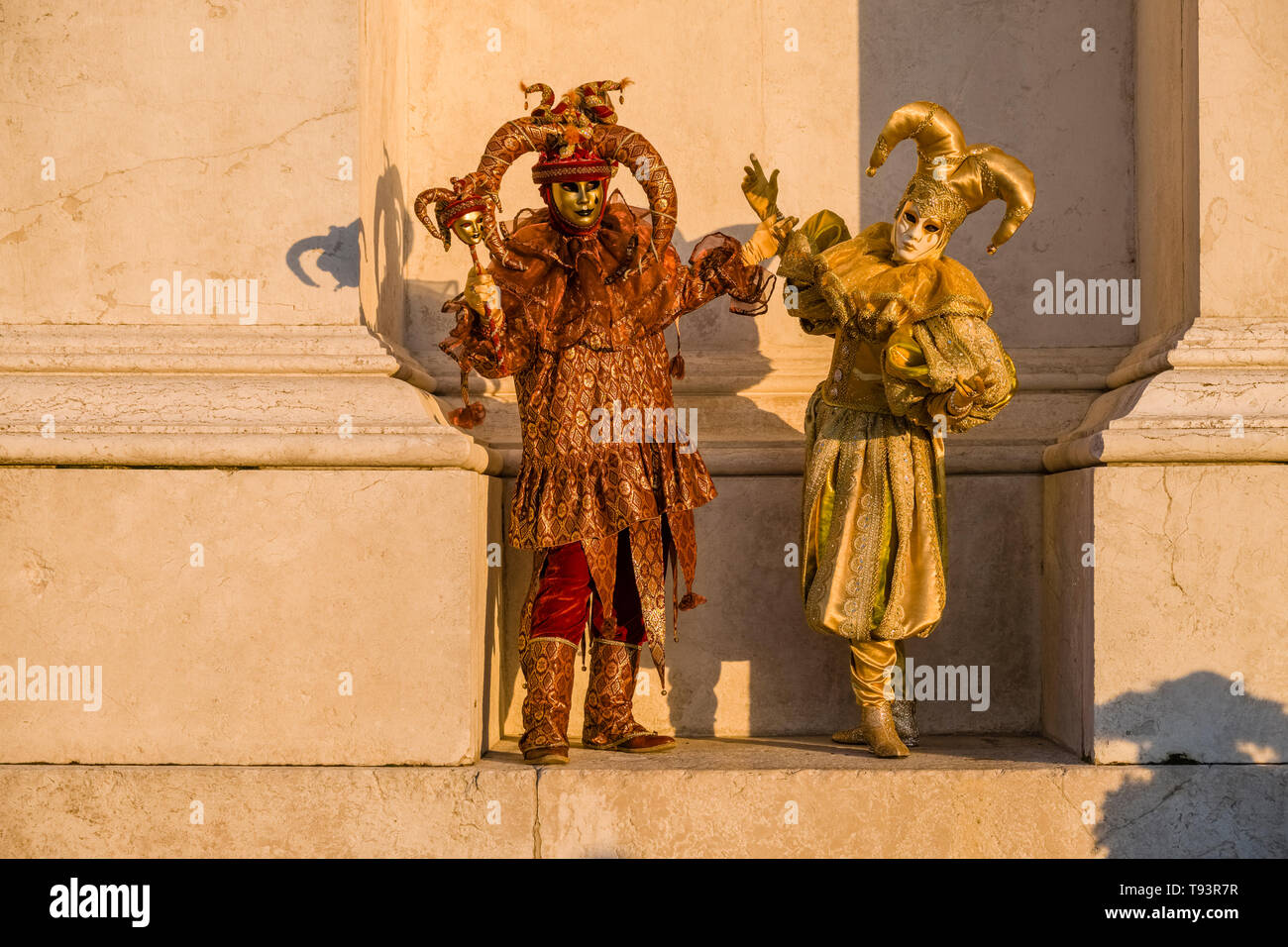 Two masked people in beautiful harlequin costumes, posing on the island ...