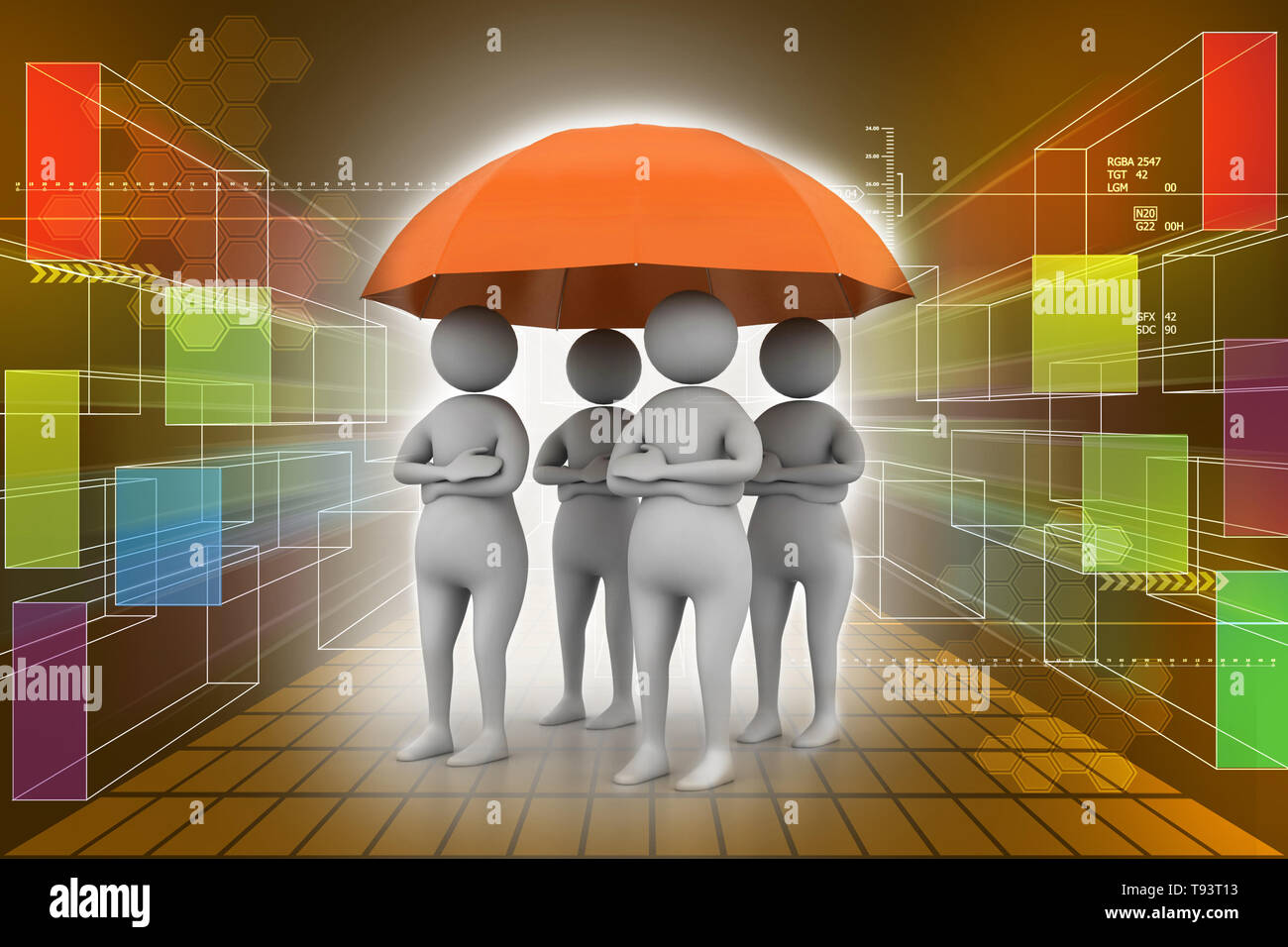 3d people under umbrella, team work concept Stock Photo - Alamy