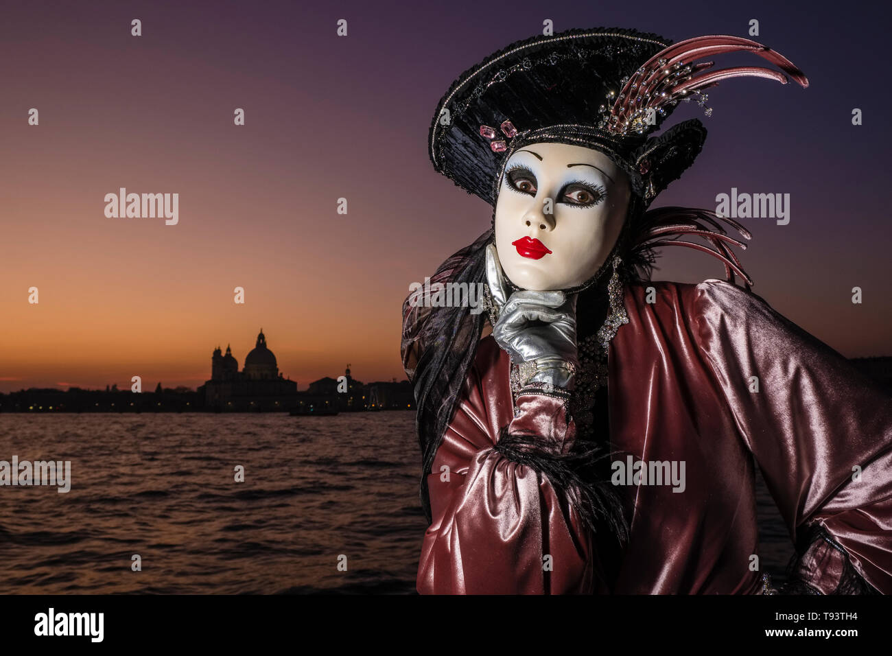Portrait of a feminin masked person in a beautiful creative costume ...