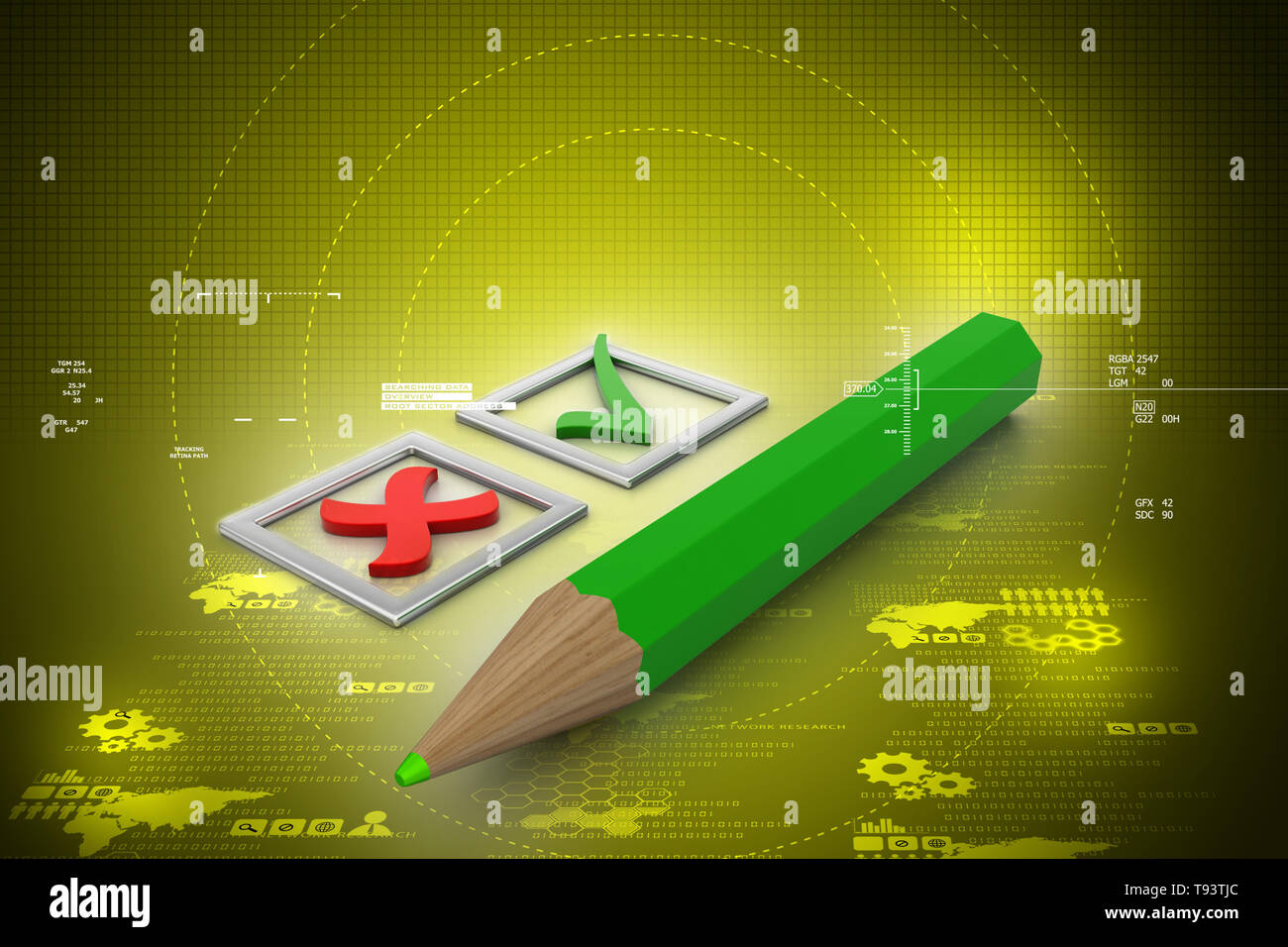 Check list. Green ticks in checkboxes and pencil Stock Photo - Alamy